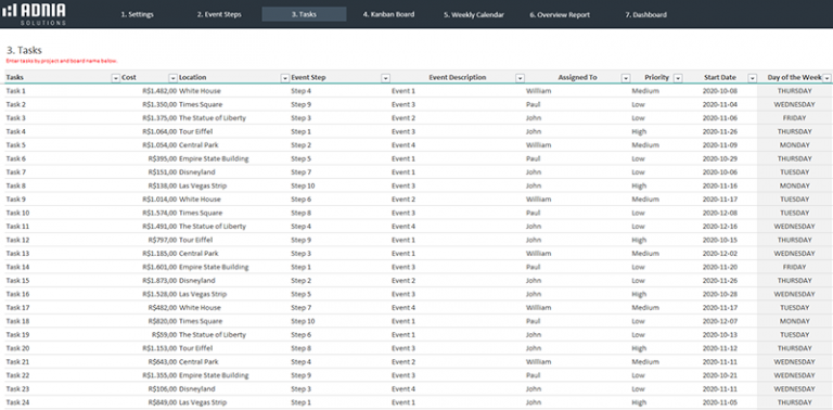 Event Planning Template Excel | Adnia Solutions